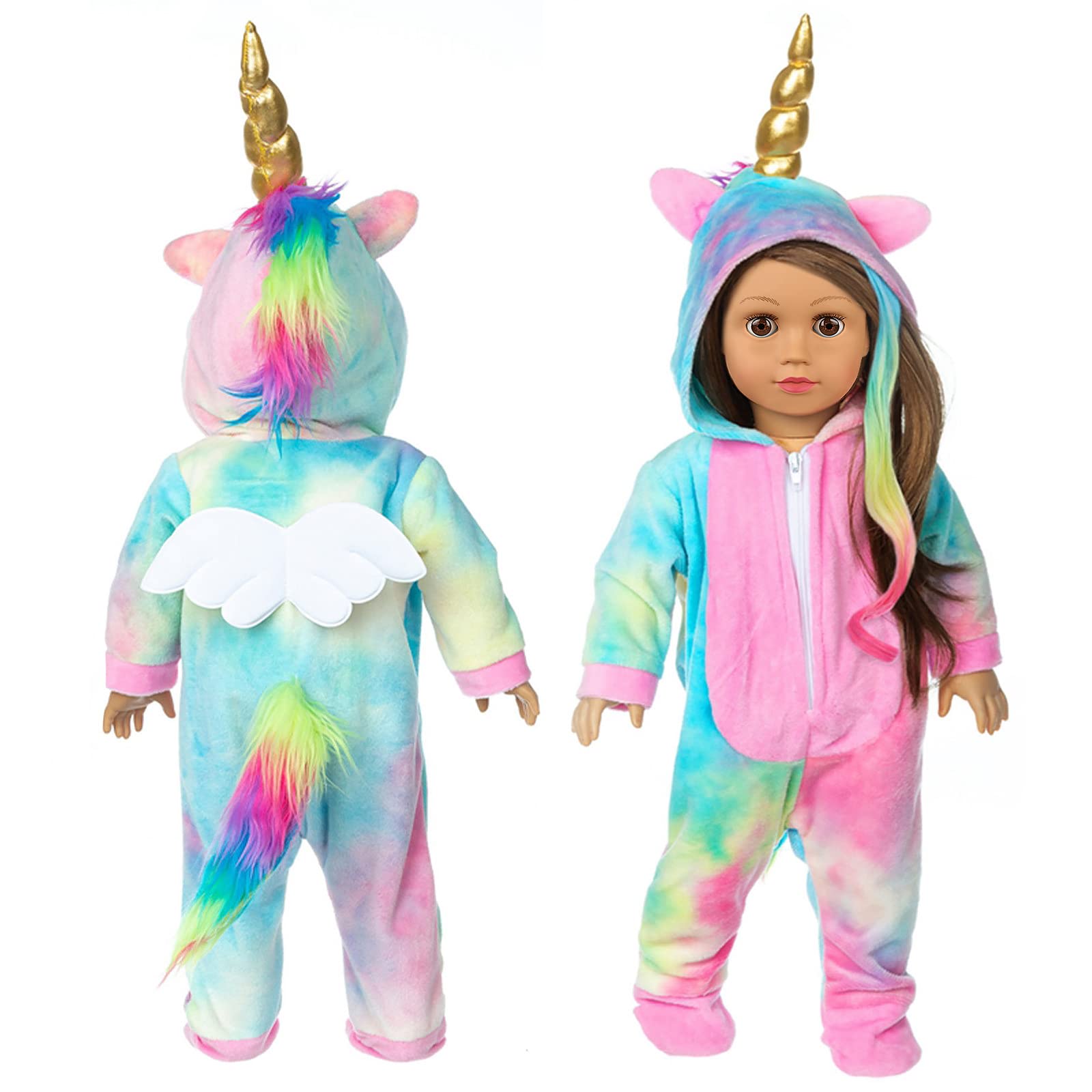 BDDOLL 18 Inch Doll Clothes-Rainbow Unicorn Doll Costume Onesie Pajama with Hair Bows Little Angel Wings Fits 18 Inch Girl Doll Accessories