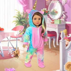 BDDOLL 18 Inch Doll Clothes-Rainbow Unicorn Doll Costume Onesie Pajama with Hair Bows Little Angel Wings Fits 18 Inch Girl Doll Accessories