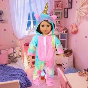 BDDOLL 18 Inch Doll Clothes-Rainbow Unicorn Doll Costume Onesie Pajama with Hair Bows Little Angel Wings Fits 18 Inch Girl Doll Accessories