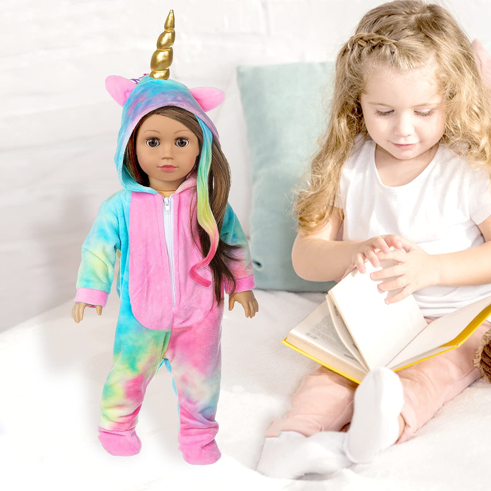 BDDOLL 18 Inch Doll Clothes-Rainbow Unicorn Doll Costume Onesie Pajama with Hair Bows Little Angel Wings Fits 18 Inch Girl Doll Accessories