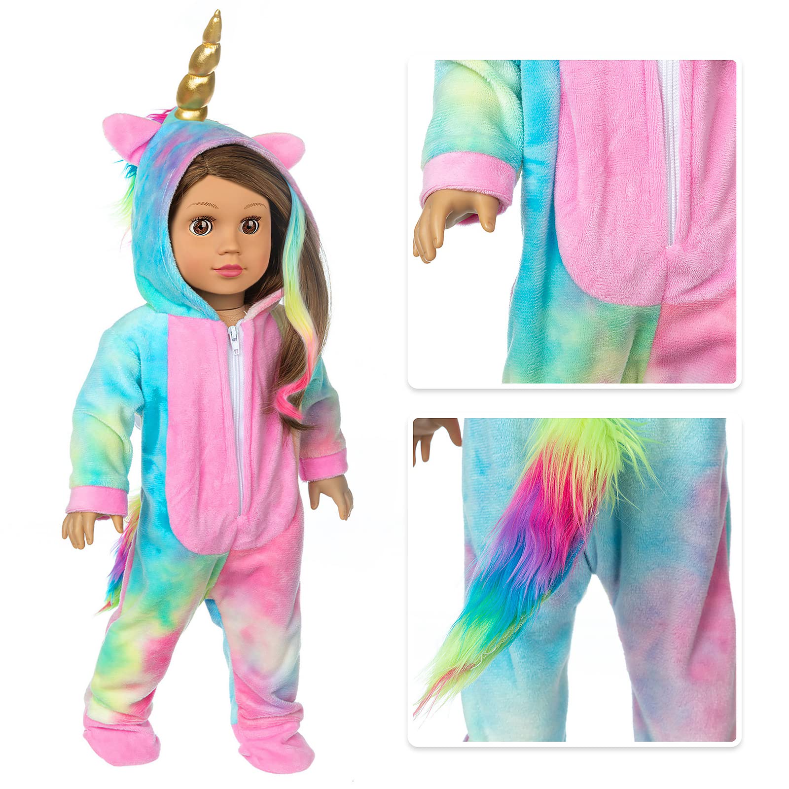 BDDOLL 18 Inch Doll Clothes-Rainbow Unicorn Doll Costume Onesie Pajama with Hair Bows Little Angel Wings Fits 18 Inch Girl Doll Accessories