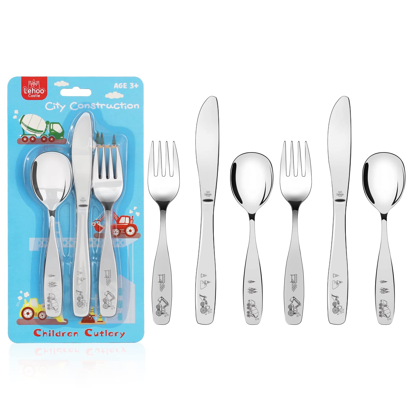 Lehoo Castle Kids Silverware Stainless Steel, 6pcs Toddler Spoons and Forks Knife Set, Safe Children Flatware, Silverware for Toddlers, Toddler Utensils Self Feeding (Construction Vehicles)