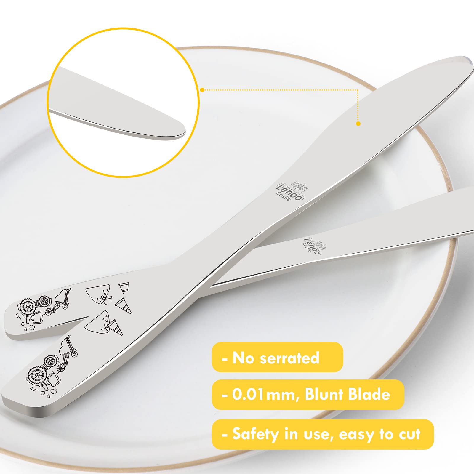 Lehoo Castle Kids Silverware Stainless Steel, 6pcs Toddler Spoons and Forks Knife Set, Safe Children Flatware, Silverware for Toddlers, Toddler Utensils Self Feeding (Construction Vehicles)