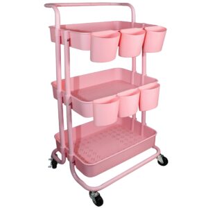 piowio 3 tier utility storage cart rolling cart organizer shelf with 6pcs hanging cups for home kitchen office storage (pink)