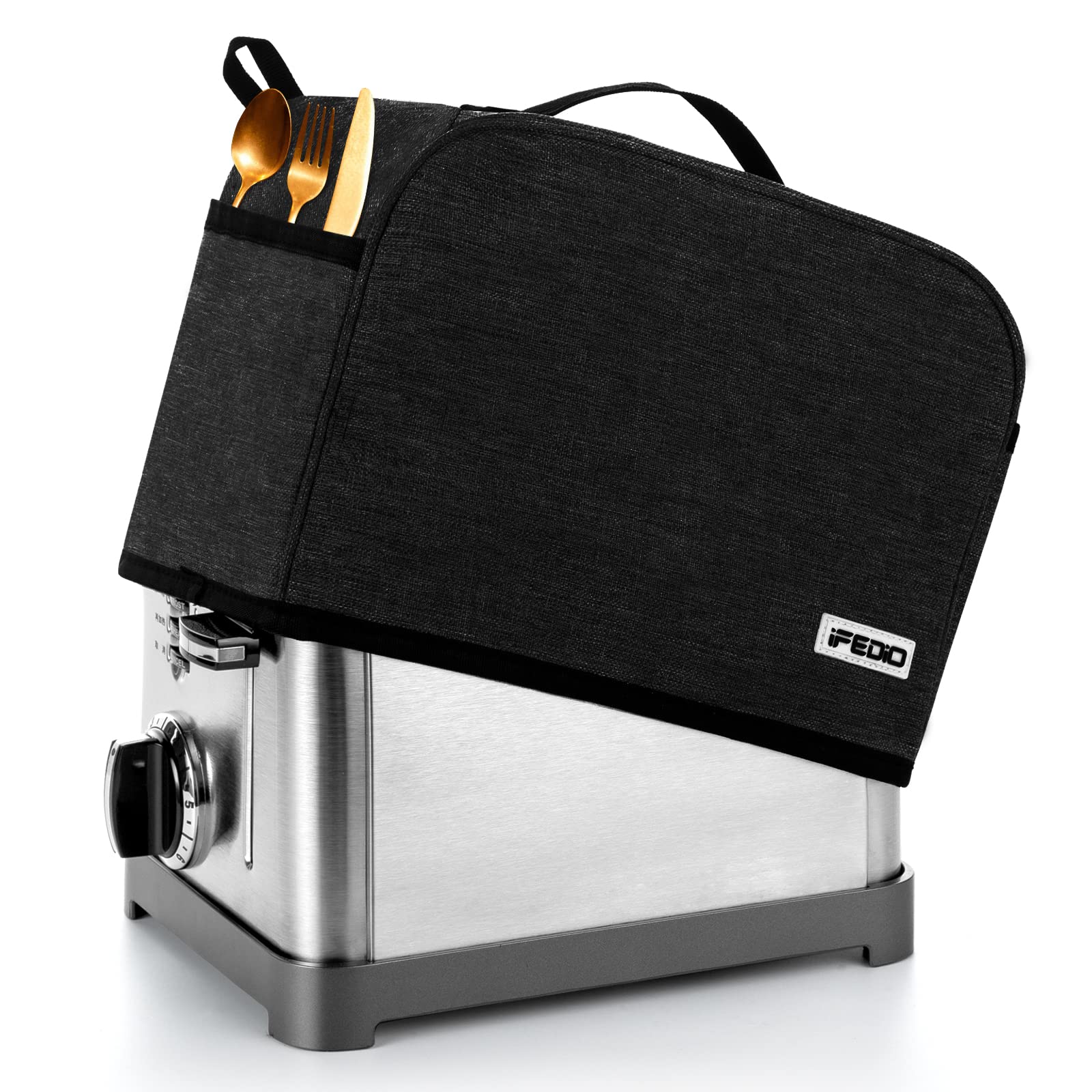 iFedio 2 Slice Toaster Cover Black with Pockets, Appliance Cover Toaster Dust And Fingerprint Protection/Machine Washable/Toaster Machine Cover Can Hold Jam Spreader Knife & Toaster Tongs (Black)