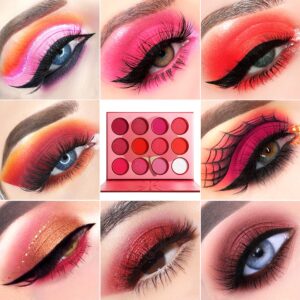 Red Pink Eyeshadow Palette, DE’LANCI Professional Matte Shimmer High Pigmented 12 Colors Eye Shadow Makeup Pallet, Waterproof Blendable Small and Cute Eye Shadow Makeup Pallete, Vegan and Cruelty Free