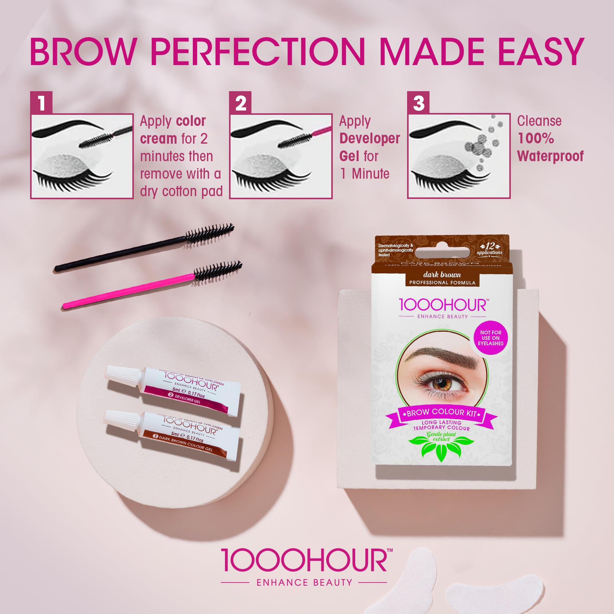 1000 Hour Professional Formula Brow Color Kit - Defined Brows with a Long-Lasting Formula with Eyebrow Mascara - Brow Gel for Stunning Brows that Last Up To 6 Weeks with 12 Applications - Dark Brown