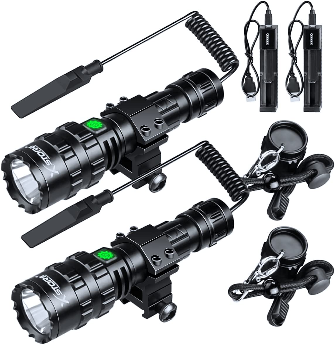 X.Store 2 Pack LED Flashlight with Picatinny Rail Mount, Airsoft Flashlights USB Picatinny Rail Flashlights 5000 High Lumen Rifle Light, 5 Modes Rifle Flashlight - Remote Switch Included