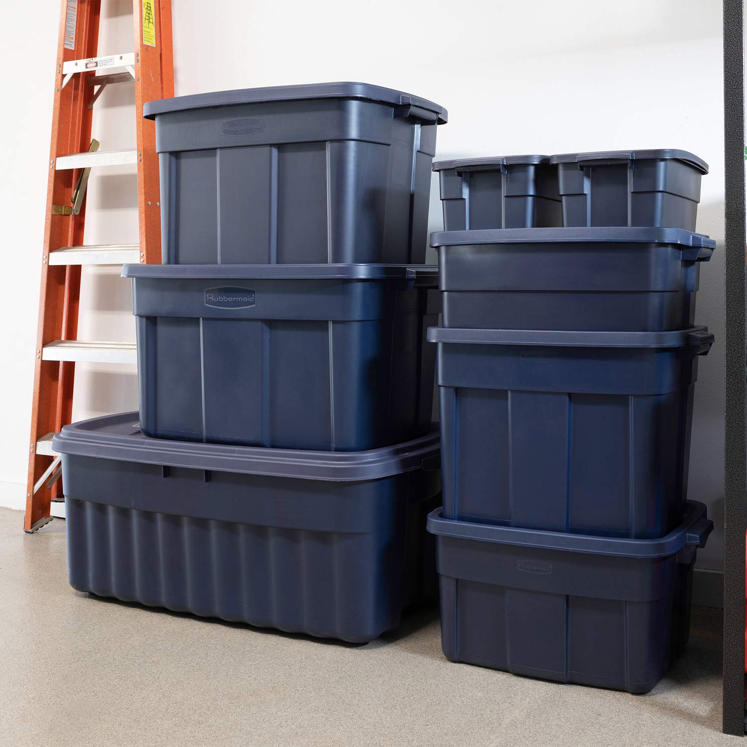 Rubbermaid Roughneck 3 Gallon Rugged Plastic Reusable Stackable Home Storage Totes with Lids, Dark Indigo Metallic (12 Pack)