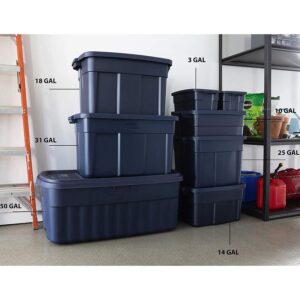 Rubbermaid Roughneck 3 Gallon Rugged Plastic Reusable Stackable Home Storage Totes with Lids, Dark Indigo Metallic (12 Pack)