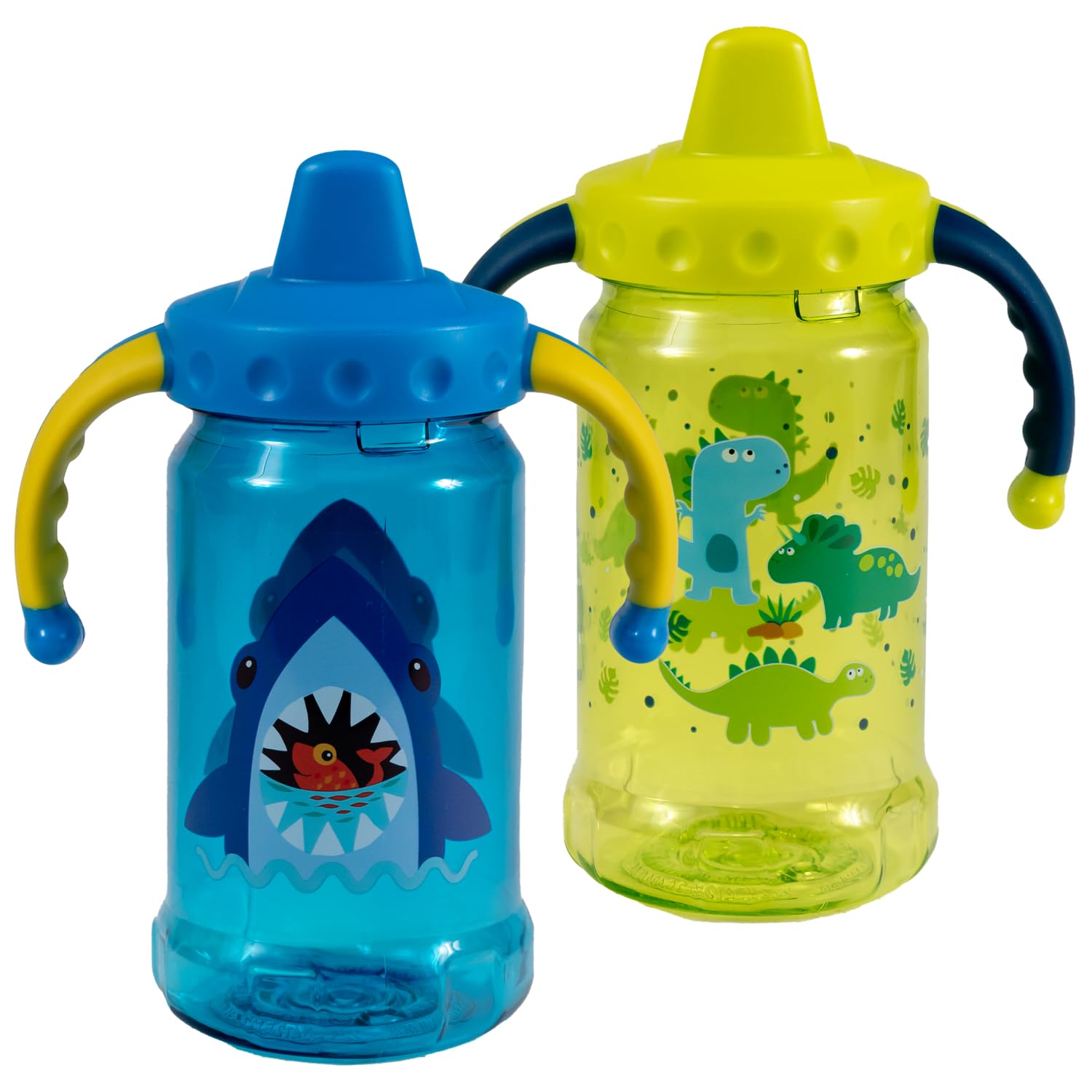 COOL GEAR 2-Pack 12 oz Gripper Sipper Cups For Kids & Toddlers - Dishwasher Safe, Spillproof, Leakproof Waterbottle With Handles For Babies - Shark/Dino