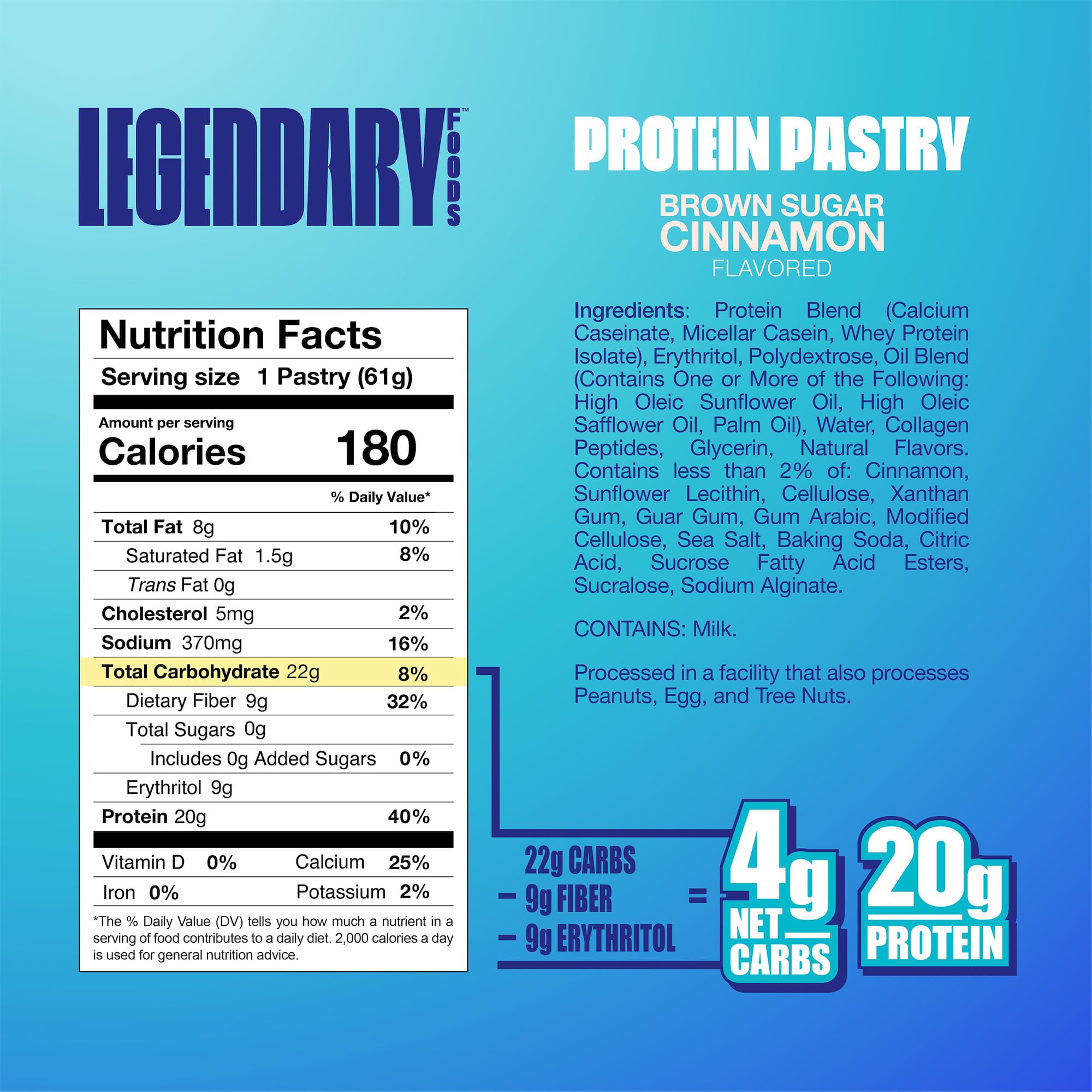 Legendary Foods 20 gr Protein Pastry | Low Carb Tasty Protein Bar Alternative | Keto Friendly | No Sugar Added | High Protein Breakfast Snacks | Gluten Free Keto Food - Brown Sugar Cinnamon (8-Pack)