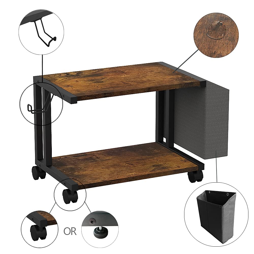 VEDECASA 2 Tier Rustic Brown Wooden Under Desk Printer Stand with Storage Bag for Home Office Desktop Printer Table Organizer Mobile Printer Shelf Cart with Caster Wheel