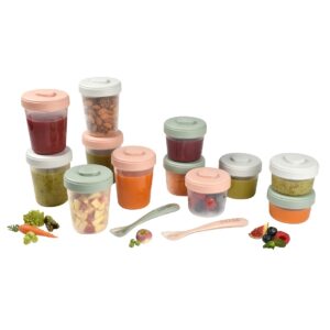 BEABA Clip Containers Set of 12 + 2 Spoons, Baby Food Storage Containers, Food Storage Containers with Lid, Baby Food + Toddler Snack Containers (Eucalyptus)