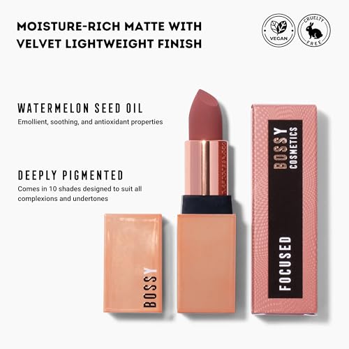 Bossy Cosmetics Matte, Long Lasting, Hydrating Vegan Lipstick with Vitamin E and Watermelon Seed Oil (Focused - Pink Mauve Color)