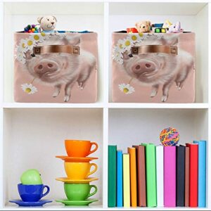 AUUXVA Foldable Storage Basket, Large Collapsible Organizer Storage Bin Cube Toys Storage Boxes with Handles for Bathroom Kids Nursery Closet Storage (1 Pack, Cute Pig)