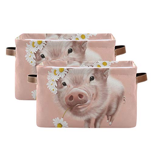 AUUXVA Foldable Storage Basket, Large Collapsible Organizer Storage Bin Cube Toys Storage Boxes with Handles for Bathroom Kids Nursery Closet Storage (1 Pack, Cute Pig)