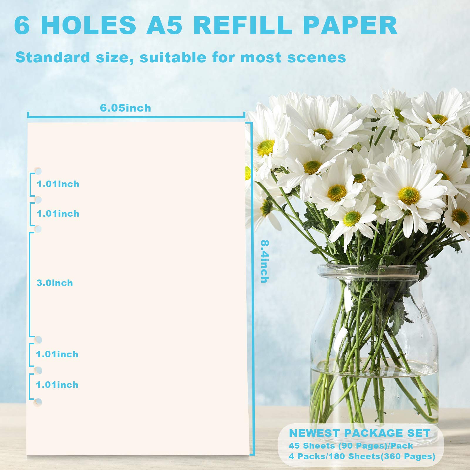 Kincown A5 Paper, 6 Ring Loose Leaf Paper, 180 Sheets (360 Pages) Thick A5 Refill Paper, 6 Hole A5 Printer Paper Refills Inserts for Binder Planner Journal Notebook - Blank