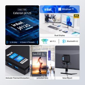 MeLE Quieter2Q Fanless Mini PC Windows 11 Pro Celeron J4125 8GB 128GB Micro Computer, Small Desktop with Gigabit Ethernet PXE Dual HDMI 4K Unlock BIOS on Industrial Astrophotography Webcast Office