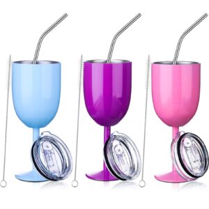 stemmed stainless steel wine glasses with lid double wall insulated wine tumbler unbreakable goblets wine glasses with drinking straw and straw brush, 10 oz (pink, purple, light blue,3 pieces)