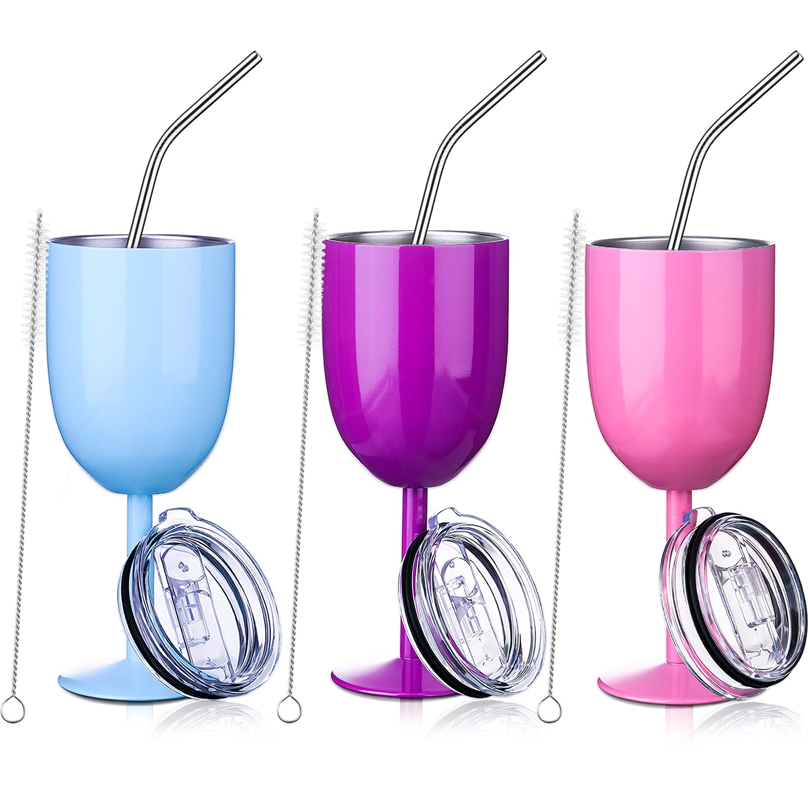 Stemmed Stainless Steel Wine Glasses with Lid Double Wall Insulated Wine Tumbler Unbreakable Goblets Wine Glasses with Drinking Straw and Straw Brush, 10 oz (Pink, Purple, Light Blue,3 Pieces)