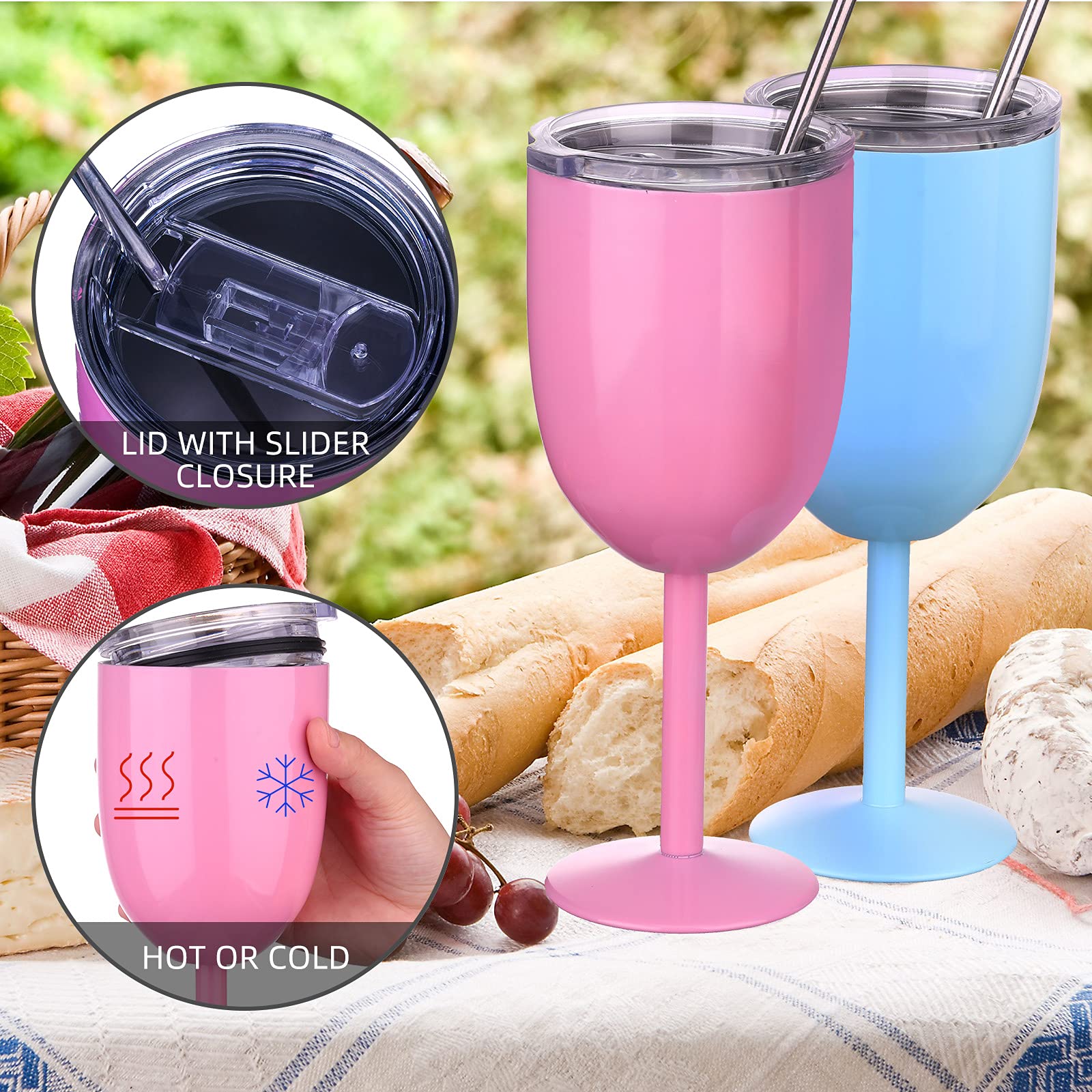 Stemmed Stainless Steel Wine Glasses with Lid Double Wall Insulated Wine Tumbler Unbreakable Goblets Wine Glasses with Drinking Straw and Straw Brush, 10 oz (Pink, Purple, Light Blue,3 Pieces)