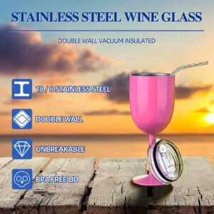 Stemmed Stainless Steel Wine Glasses with Lid Double Wall Insulated Wine Tumbler Unbreakable Goblets Wine Glasses with Drinking Straw and Straw Brush, 10 oz (Pink, Purple, Light Blue,3 Pieces)