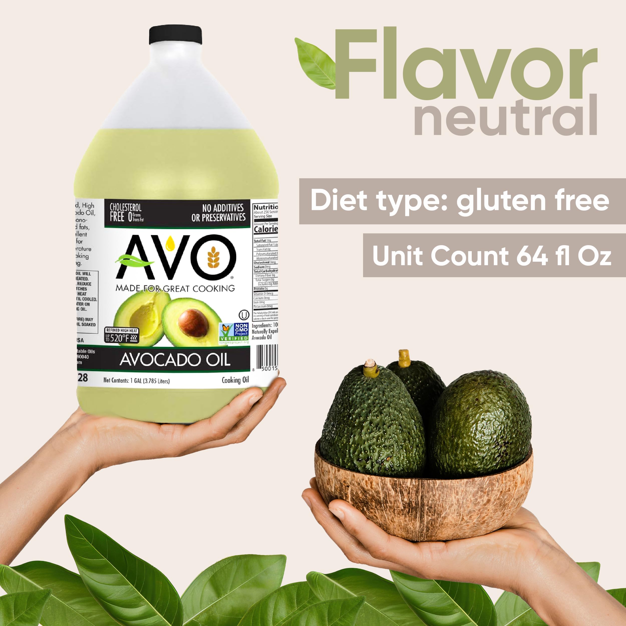 AVO NON GMO 100% Avocado Oil, 1 Gallon 128 Fl-oz, NO Preservatives Added