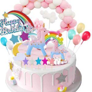 Unicorn Party Cake Topper Kit with 2 Unicorns Sculpture, Rainbow Balls Cloud for Unicorn Birthday Party Supplies