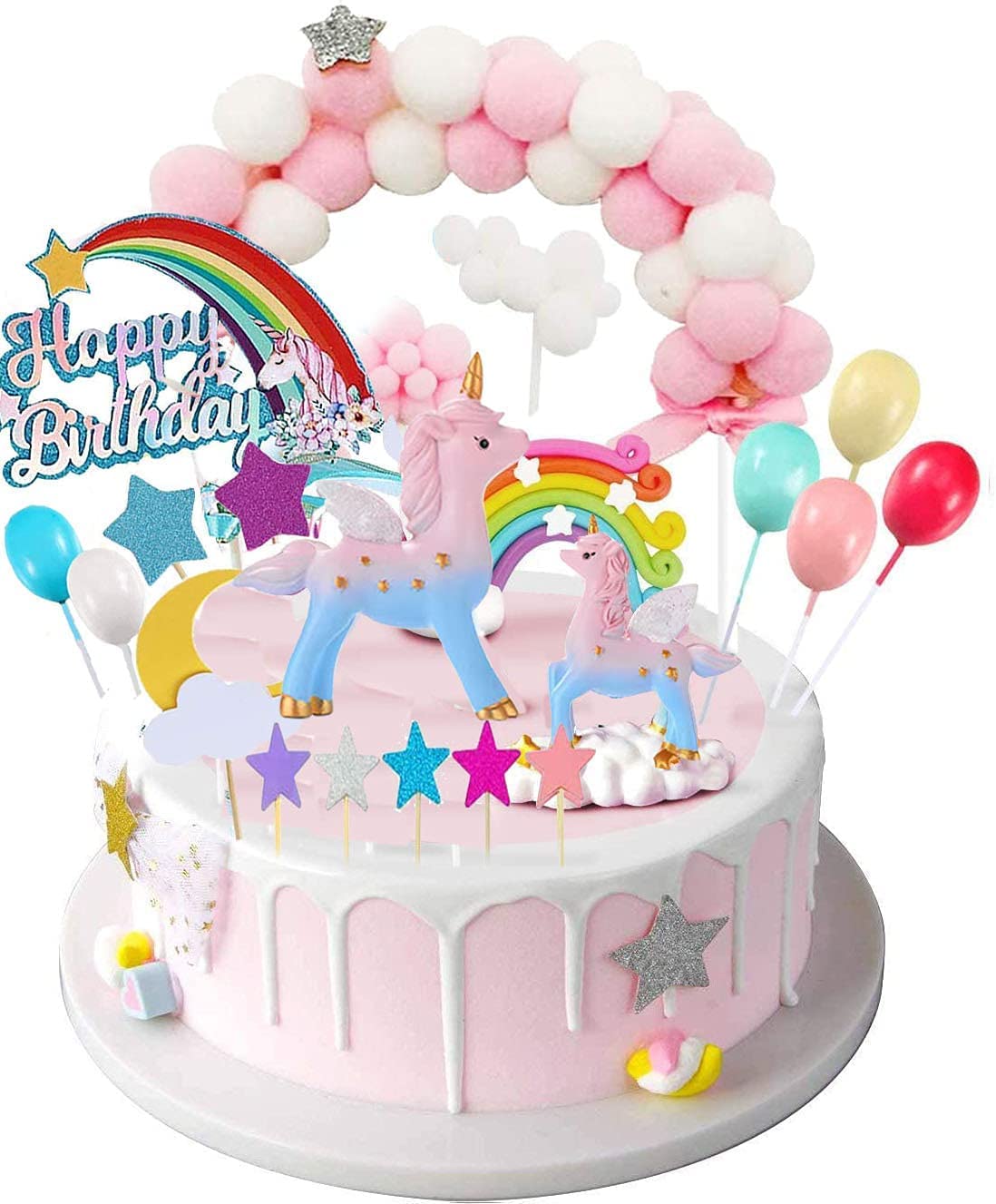 Unicorn Party Cake Topper Kit with 2 Unicorns Sculpture, Rainbow Balls Cloud for Unicorn Birthday Party Supplies