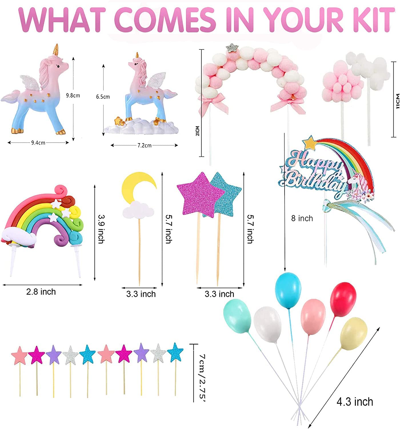 Unicorn Party Cake Topper Kit with 2 Unicorns Sculpture, Rainbow Balls Cloud for Unicorn Birthday Party Supplies