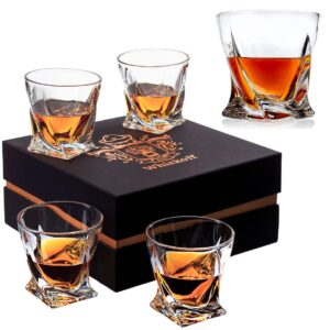 crystal whiskey glasses set of 4 - luxury satin-lined gift box - old fashioned whisky cocktail glasses with rocks, whisky glass for drinking bourbon, scotch, cognac, highball - drink glasses