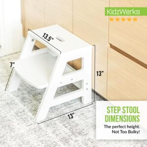 KidzWerks Kids Step Stool for Toddlers Bathroom Kitchen Potty Wooden Children’s Stepping Standing 2-Step Ladder, White