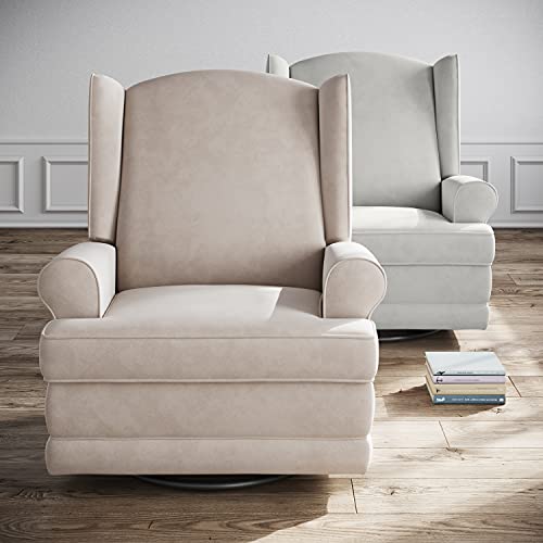 Storkcraft Serenity Upholstered Swivel Glider with USB Charging Port (Steel) – Fully Upholstered Wingback Nursery Glider Recliner with Manual Recline Function, 2 USB Charging Ports, 360 Swivel Base