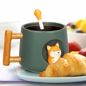 YLOKO Cute Ceramic Coffee Mug with 3D Shiba Inu, Cute Mugs with Lid Paw Spoon, Novelty Morning Tea Mug, Birthday Gifts for Women Sister Girlfrend Kids 14oz (Green)