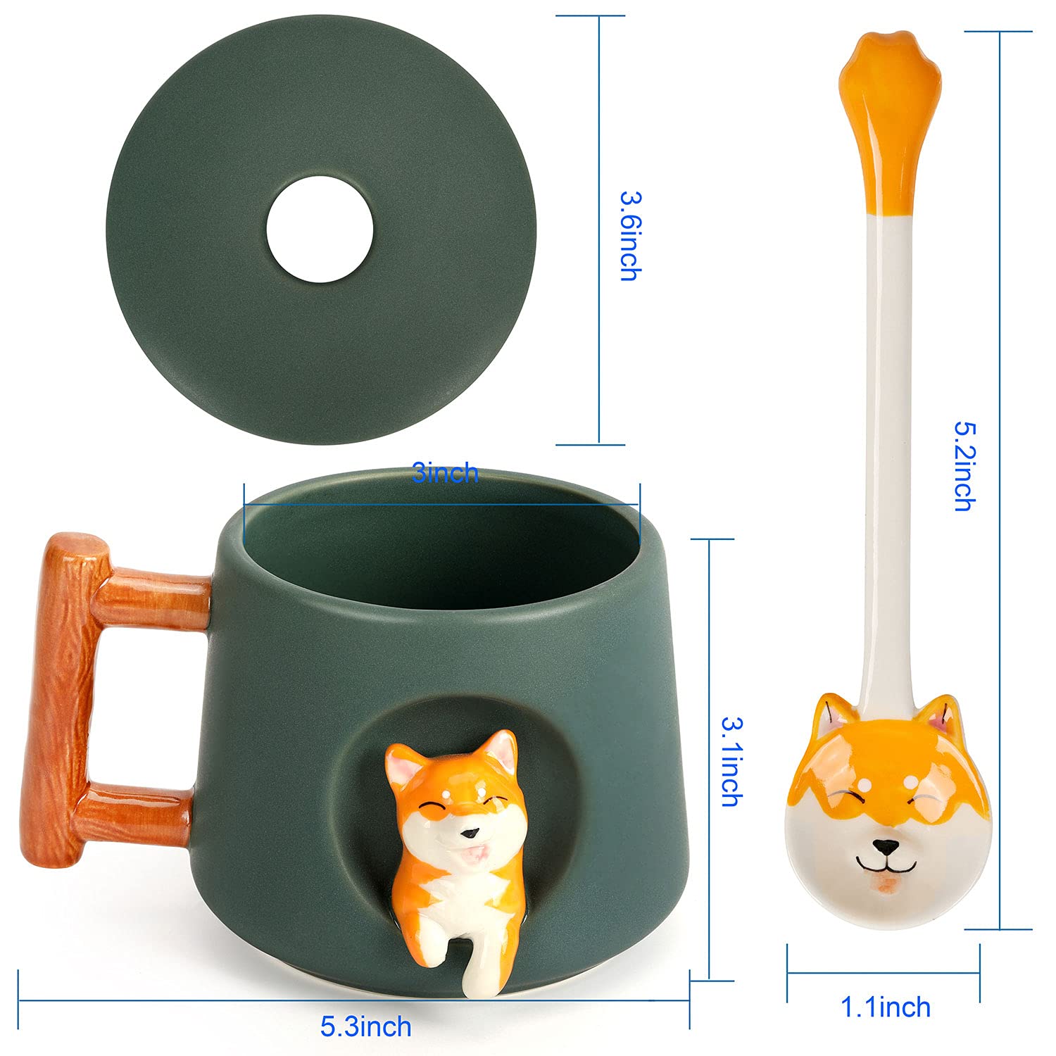 YLOKO Cute Ceramic Coffee Mug with 3D Shiba Inu, Cute Mugs with Lid Paw Spoon, Novelty Morning Tea Mug, Birthday Gifts for Women Sister Girlfrend Kids 14oz (Green)