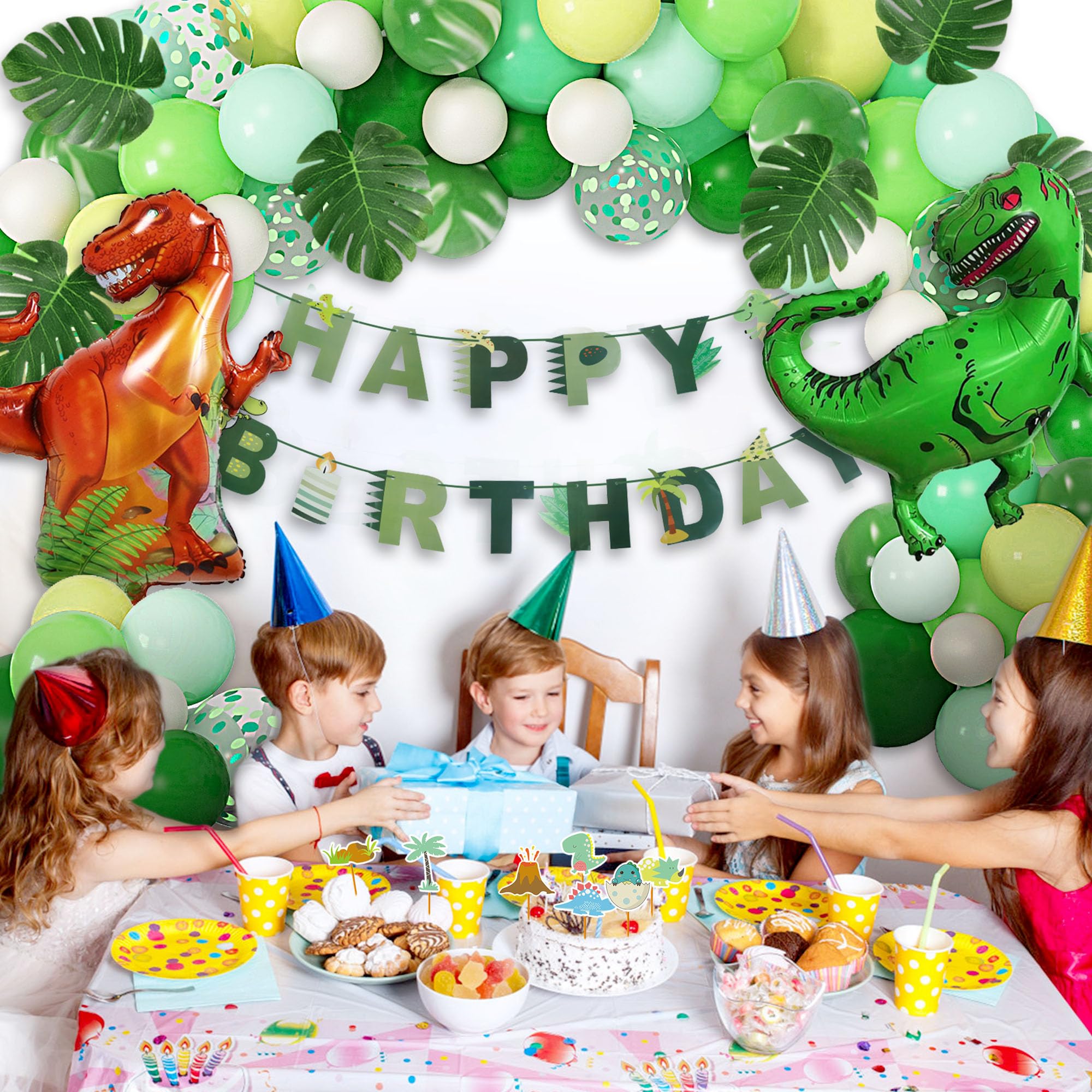 Dinosaur Birthday Party Decorations Supplies, Dinosaur Balloons Arch Garland Kit 40" Foil Dino Balloons Happy Birthday Banners Cake Topper for Jungle Dinosaur Birthday Baby Shower Party for Boys Kids