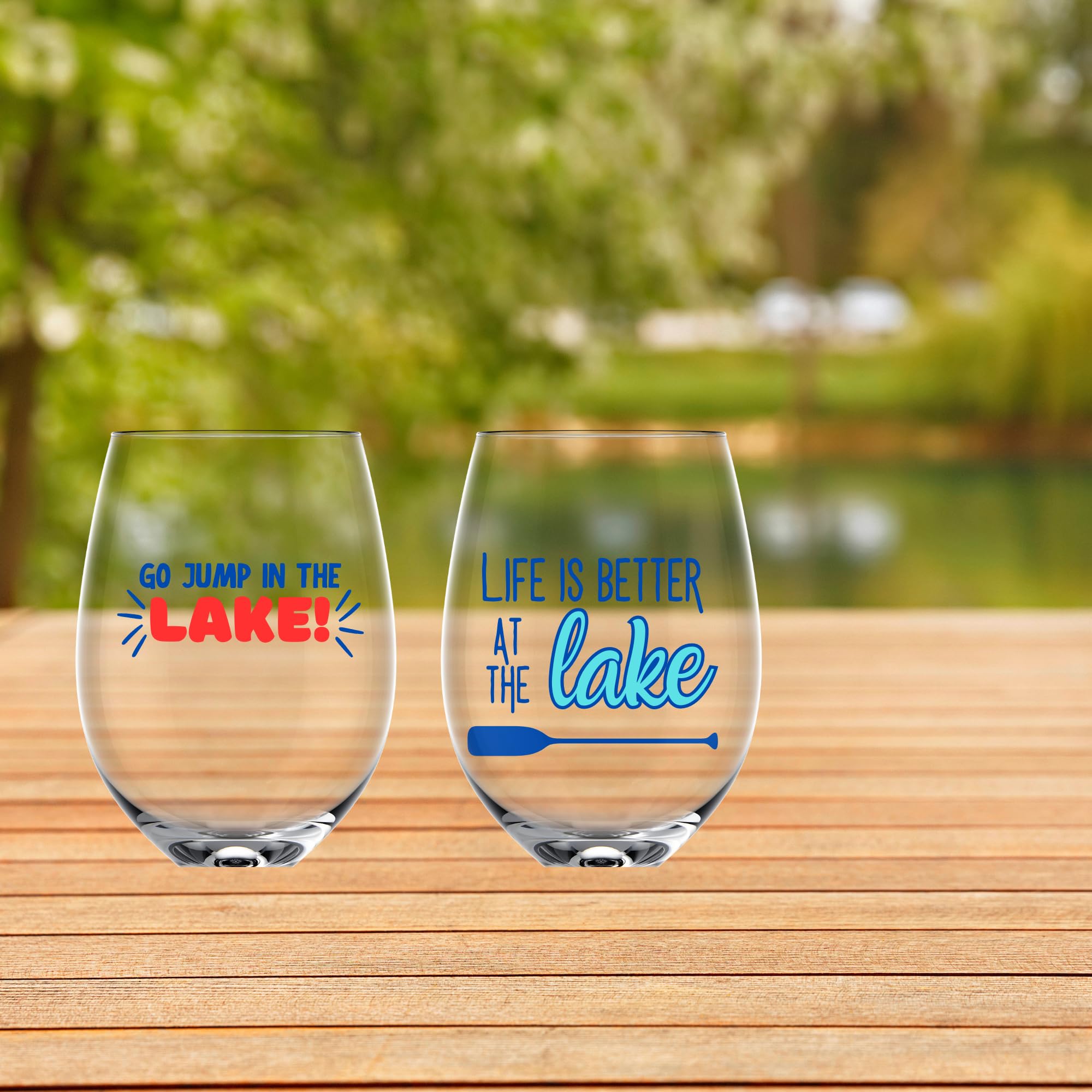 Needzo Shatterproof Stemless Wine Glasses for Lake House, Cute Funny Unbreakable Cups for Pool, Beach, Vacation, 4.5 Inches, Set of 4