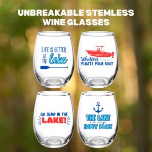 Needzo Shatterproof Stemless Wine Glasses for Lake House, Cute Funny Unbreakable Cups for Pool, Beach, Vacation, 4.5 Inches, Set of 4