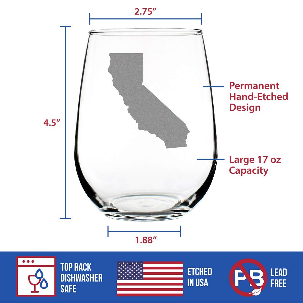 California State Outline - Stemless Wine Glass - State Themed Drinking Decor and Gifts for Californians - Large 17 Ounce