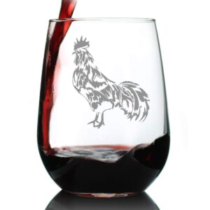 rooster stemless wine glass - cute funny farm animal themed decor and chicken gifts - large 17 oz