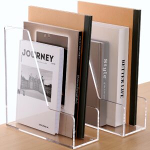 sanrui clear magazine file holder vertical file folder holder, acrylic desk organizer for file storage, book bin and office desk accessories ，2-pack bookshelf for desk home office