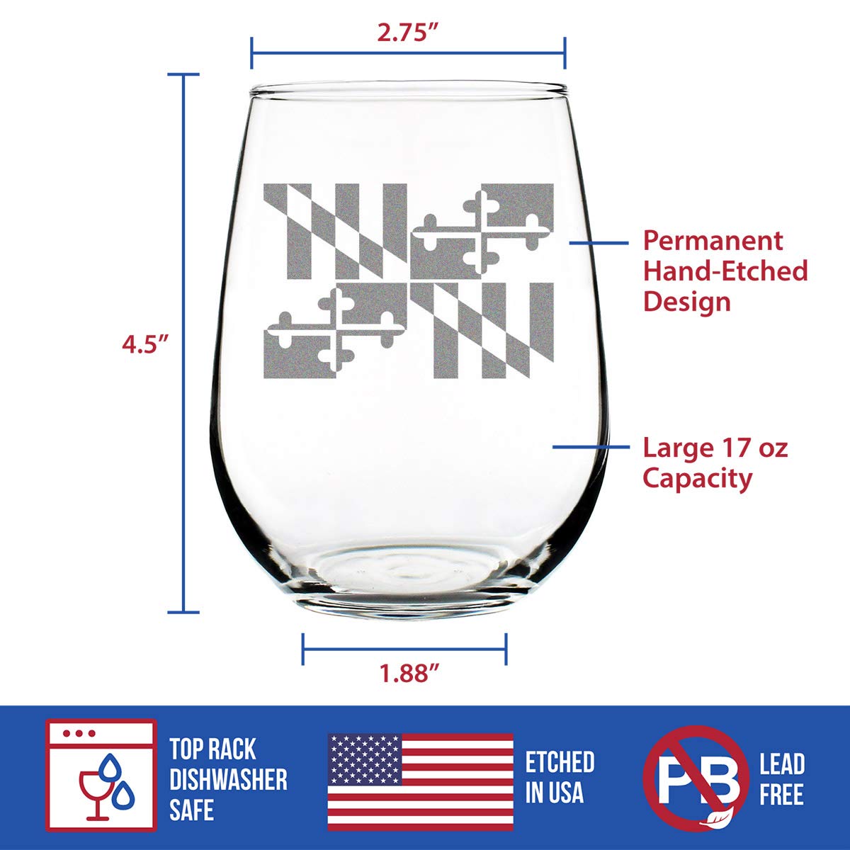 Maryland Flag - Stemless Wine Glass - State Themed Drinking Decor and Gifts for Marylander Women & Men - Large 17 Ounce