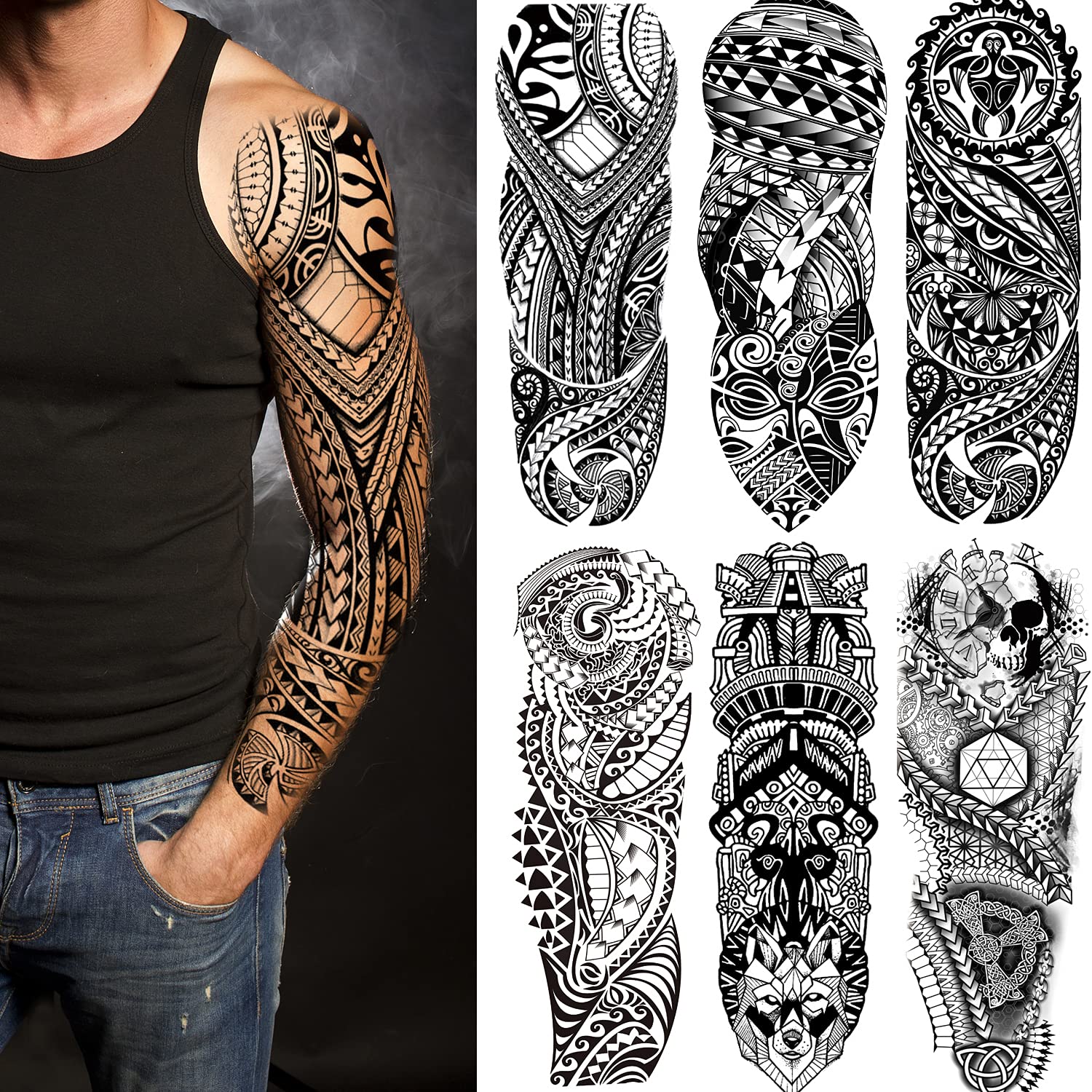 Fake Totem Sleeve Tattoos Stickers 6-Sheet Full Arm Tribal Totem Temporary Tattoos Sleeves for Adult Kids Women Makeup