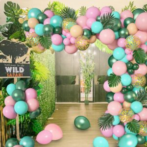 140Pcs Jungle Safari Theme Birthday Party Supplies, Tropical Balloon Garland Arch Kit Decorations Pink and Green Balloons Tropical Leaves Kids Girl Hawaii Wild One Baby Shower Birthday Party Supplies