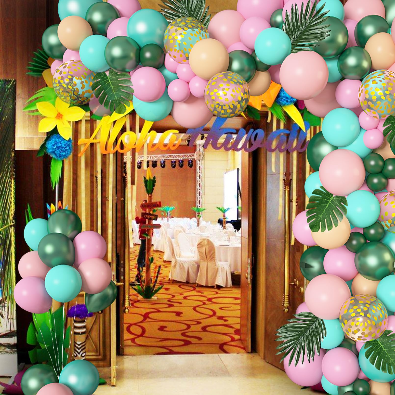 140Pcs Jungle Safari Theme Birthday Party Supplies, Tropical Balloon Garland Arch Kit Decorations Pink and Green Balloons Tropical Leaves Kids Girl Hawaii Wild One Baby Shower Birthday Party Supplies