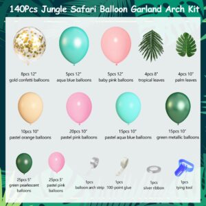 140Pcs Jungle Safari Theme Birthday Party Supplies, Tropical Balloon Garland Arch Kit Decorations Pink and Green Balloons Tropical Leaves Kids Girl Hawaii Wild One Baby Shower Birthday Party Supplies