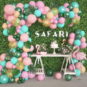 140Pcs Jungle Safari Theme Birthday Party Supplies, Tropical Balloon Garland Arch Kit Decorations Pink and Green Balloons Tropical Leaves Kids Girl Hawaii Wild One Baby Shower Birthday Party Supplies