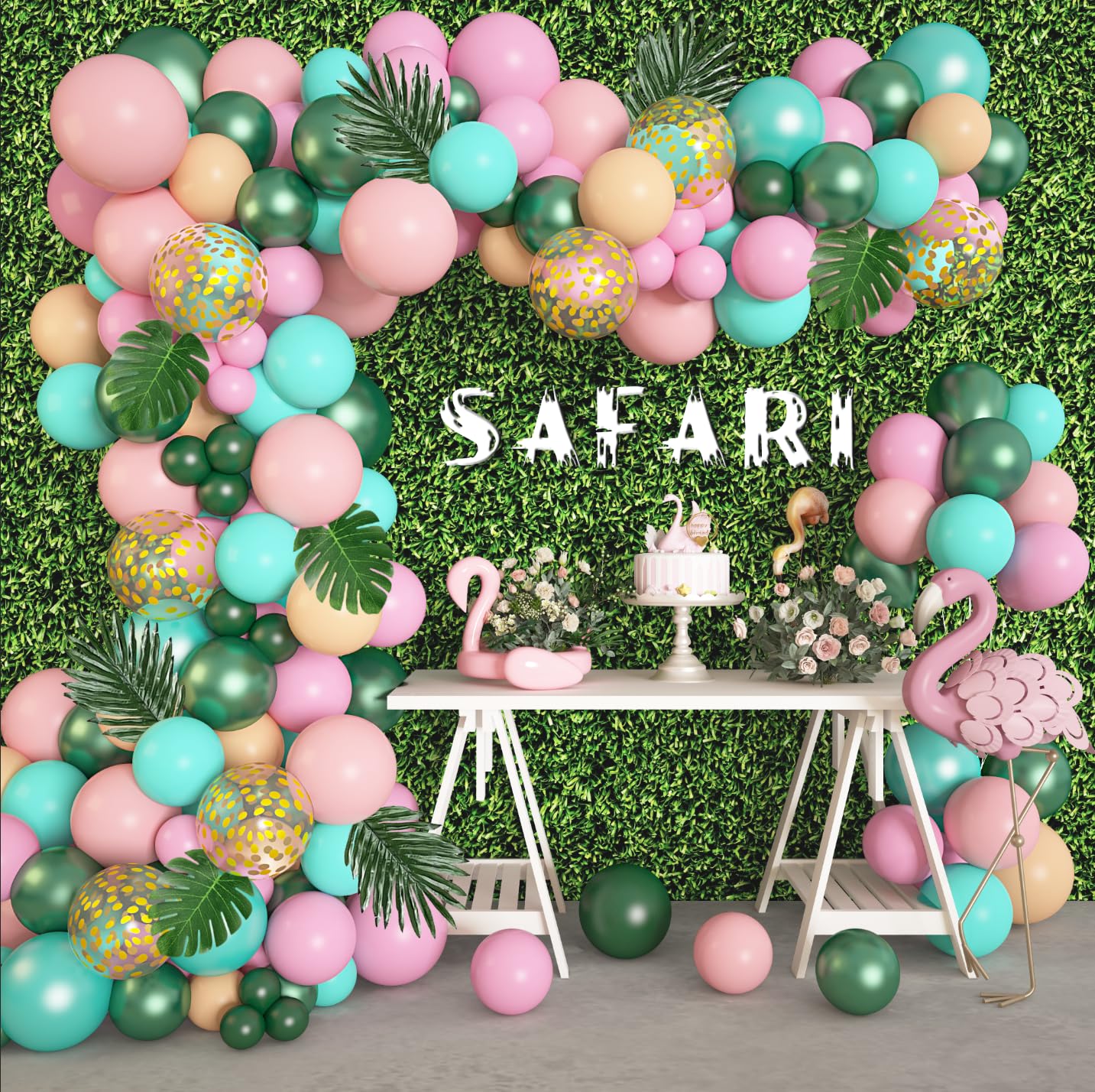 140Pcs Jungle Safari Theme Birthday Party Supplies, Tropical Balloon Garland Arch Kit Decorations Pink and Green Balloons Tropical Leaves Kids Girl Hawaii Wild One Baby Shower Birthday Party Supplies