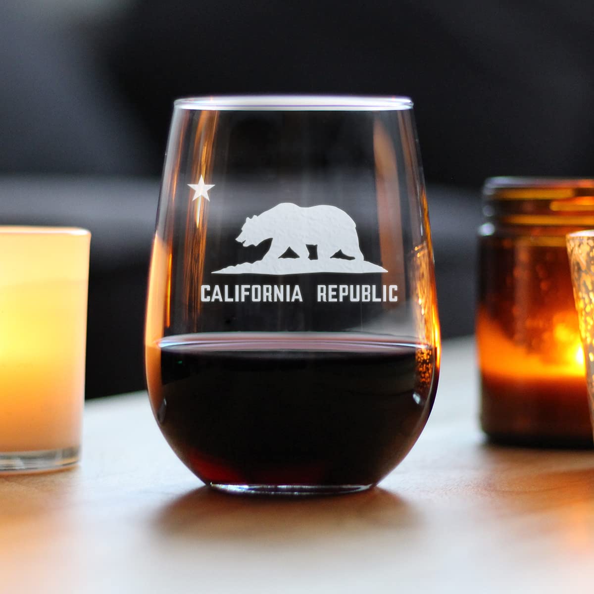 California Flag Stemless Wine Glass - State Themed Drinking Decor and Gifts for Californian Women & Men - Large 17 Oz Glasses